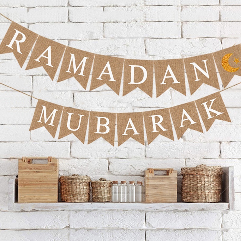 Ramadan Mubarak Hanging Banners Moon Star Word Burlap Decoration Flag ...