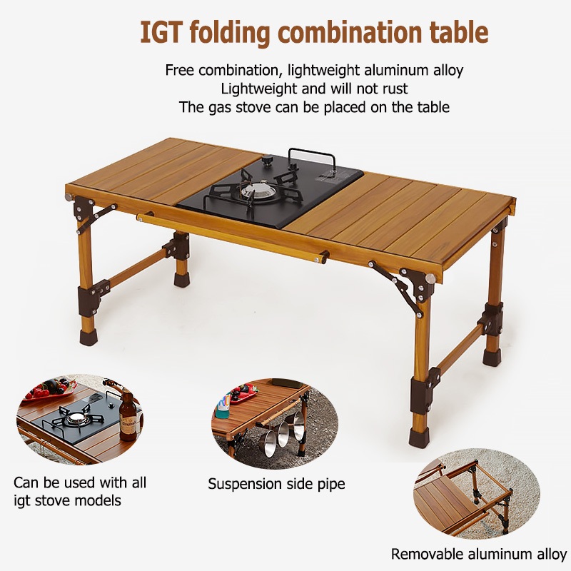 IGT Folding Camping Table Aluminum Table Wood Grain Genuine Wooden ...