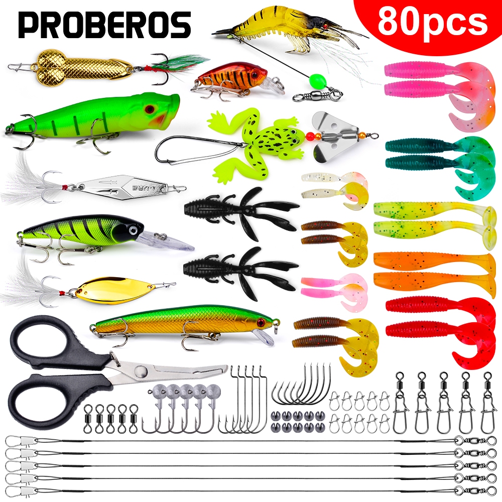 Proberos Lure Set 80pcs Fishing Tackle Box Soft Plastic Lure Kit Jig ...