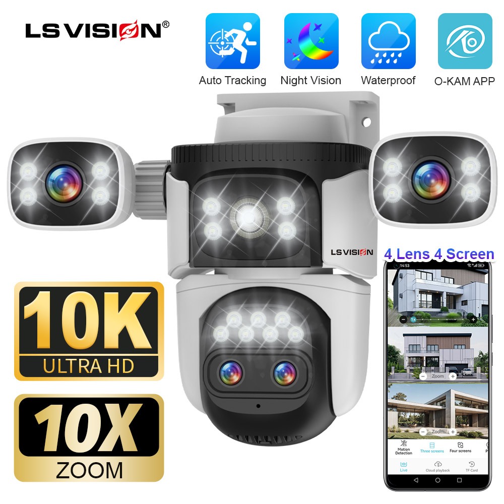 LS VISION 10X ZOOM CCTV 10K 20MP Four Screen Camera Optics Zoom Four Lens Outdoor Waterproo PTZ ...