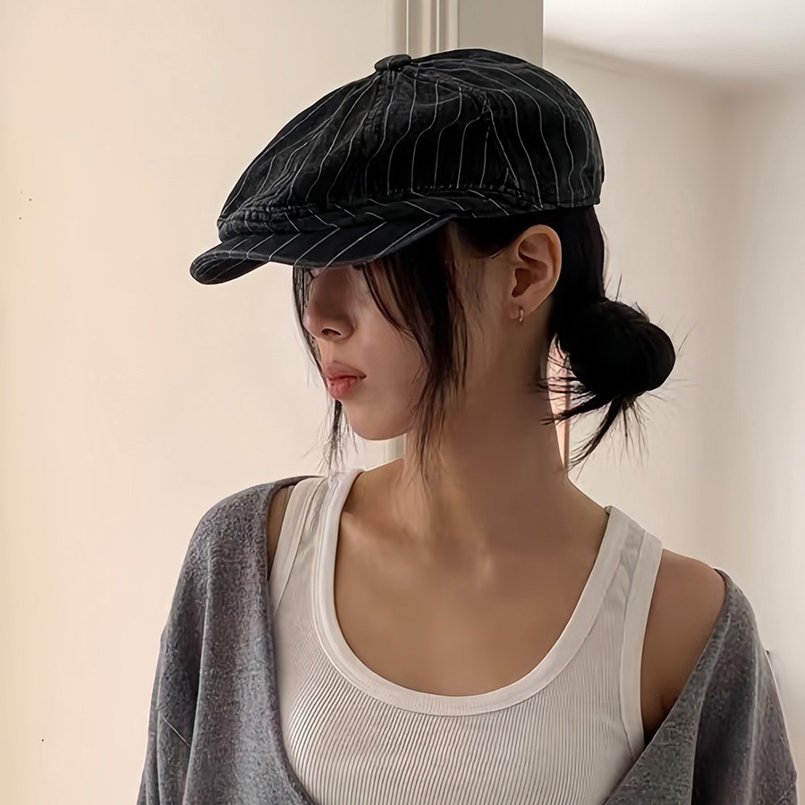 Japanese striped beret retro Korean style octagonal hat British ...