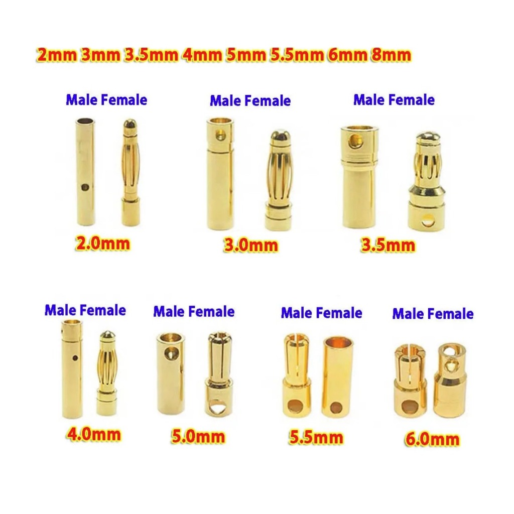 10/5pair Gold Bullet Banana Connector plug 2mm 3mm 3.5mm 4mm 5mm 5.5mm ...