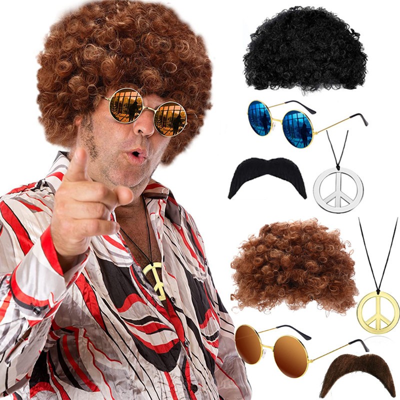 Mens Hippie Wig Set Hippie Wig Necklace Set 6Pcs Retro Hip Hop Costume ...