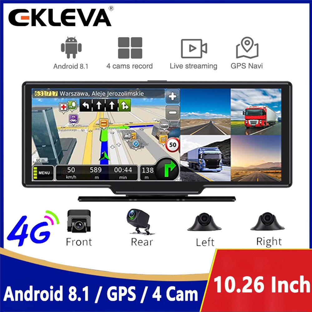 EKLEVA 4G Video Recorder Android 8.1 Car DVR 4 Channel Lens Dashboard ...