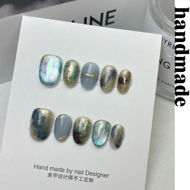 Press on nails handmade Floating Shadow 2024 New Style Blue Smudge High ...