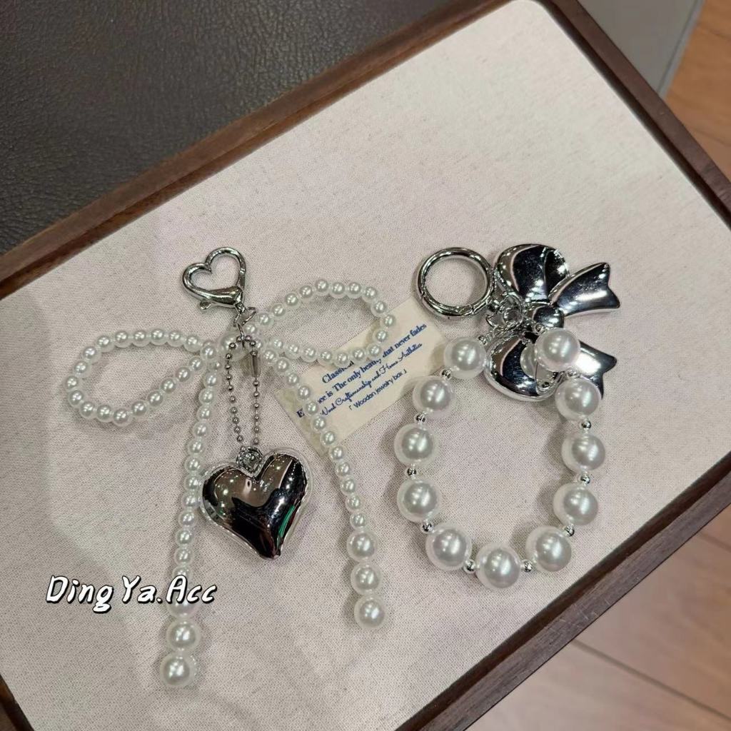 Y2K Mobile Phone Delicate Beaded Pearl Bow Pendant Keyring Heart Key ...
