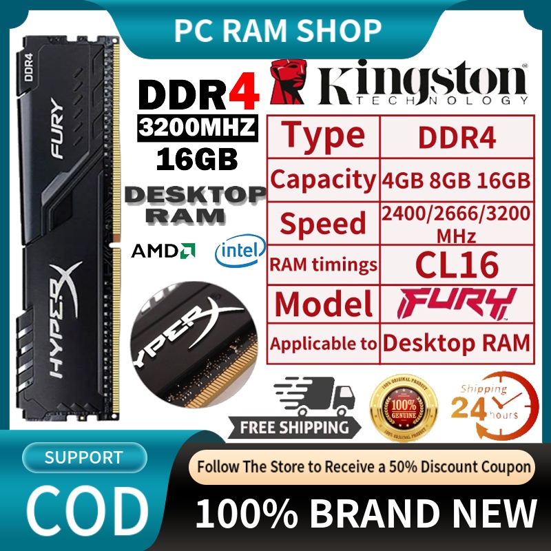 Kingston HyperX FURY DDR4 4GB 8GB 16GB 2400MHz 2666MHz 3200MHz PC4 Desktop DIMM 288-Pin Memory ...