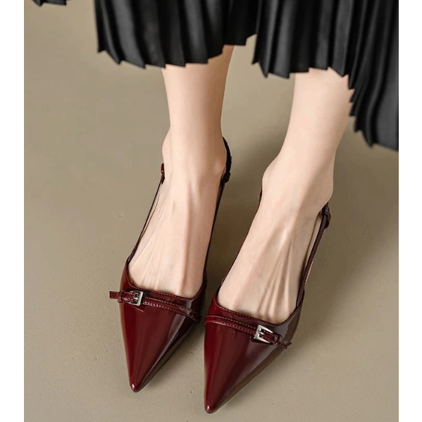Wine Red Real Soft Leather Pointed Toe Patent Leather Toe-Covered ...