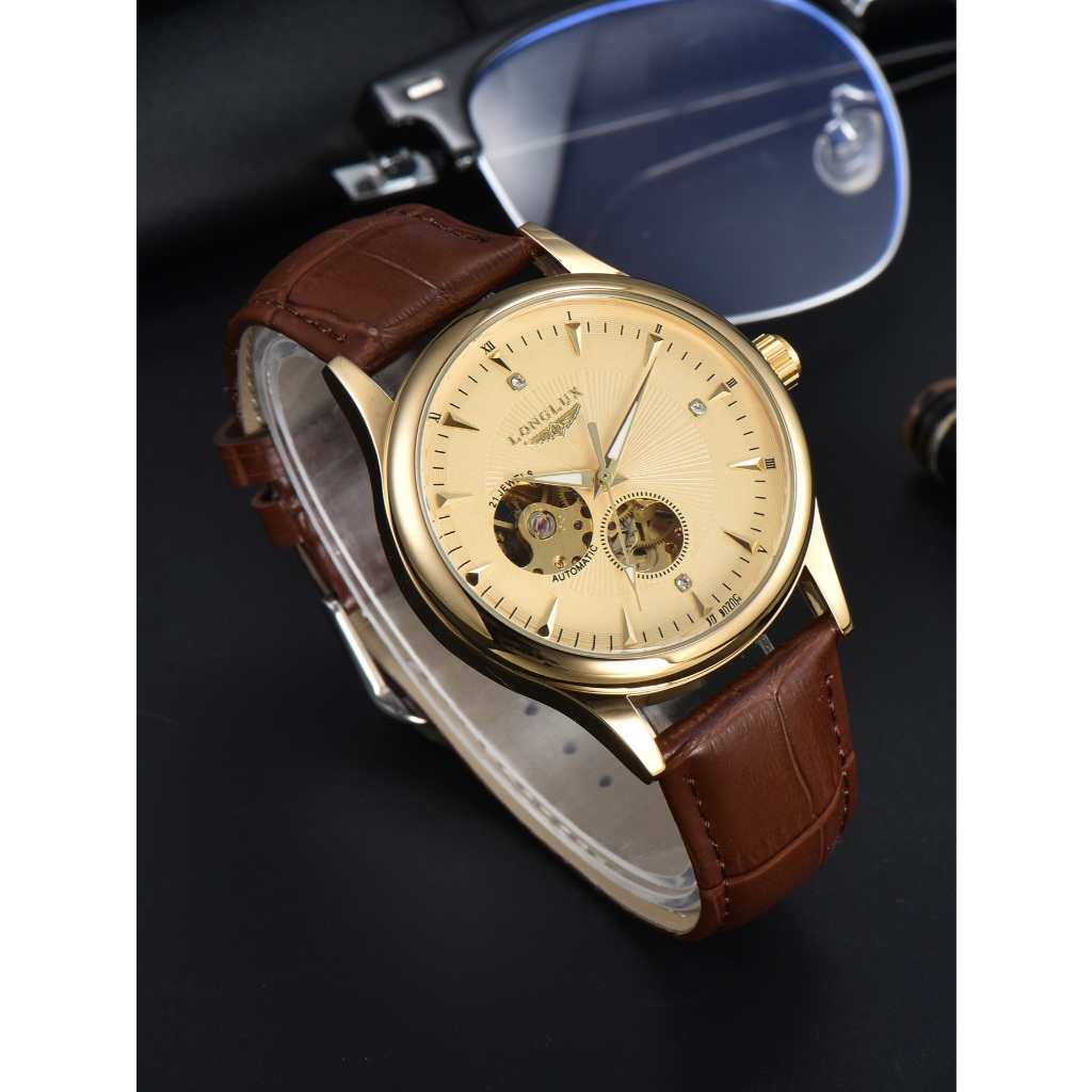 LONGLUX men automatic watch leather mechanical original waterproof ...