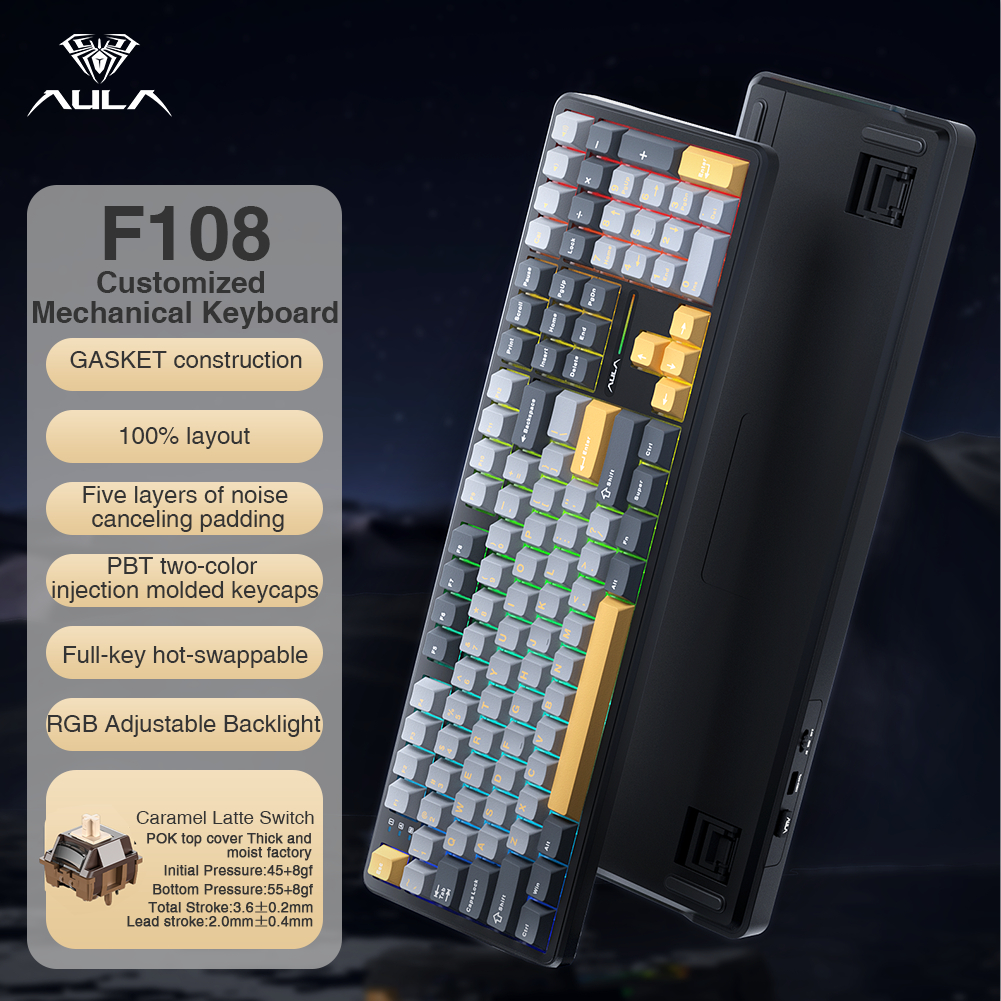 AULA F108 Customized Mechanical Keyboard 108 keys Tri-mode Hot swappable RGB light PBT Keycap ...