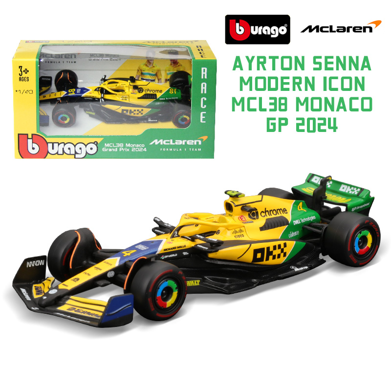 Bburago 1:43 2024 Mclaren MCL38 Ayrton Senna Modern Icon Monaco GP #4 Lando Norris #81 Oscar ...