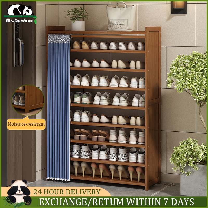 【Lifetime warranty】Shoe Rack Shoe Cabinet With Curtain rak kasut kayu 5 ...