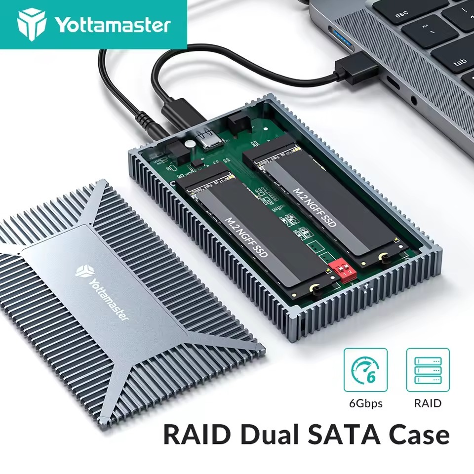 Yottamaster Dual Bay SATA RAID Enclosure 10Gbps M.2 NGFF SATA SSD Case ...