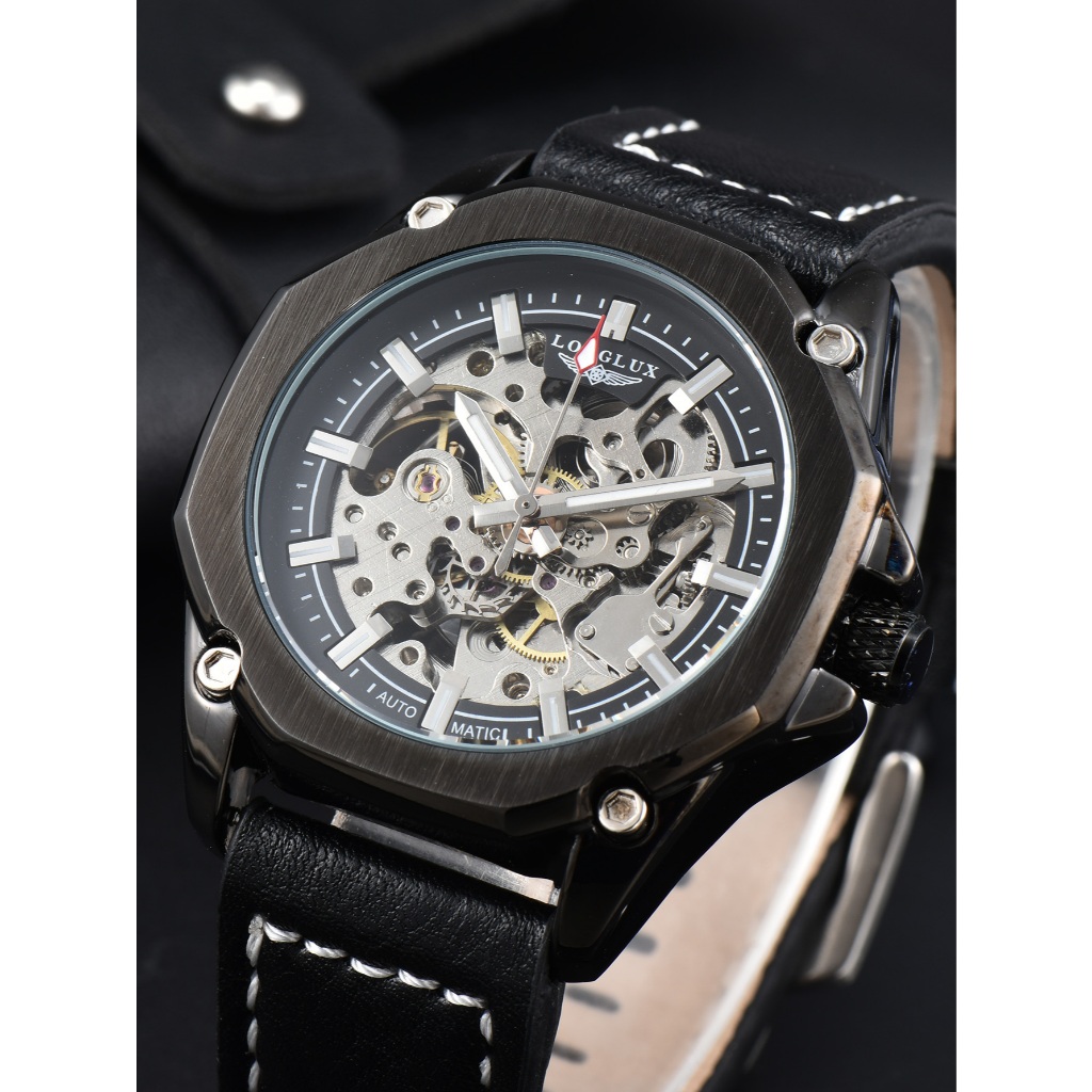 LONGLUX men automatic watch sport mechanical leather waterproof ...
