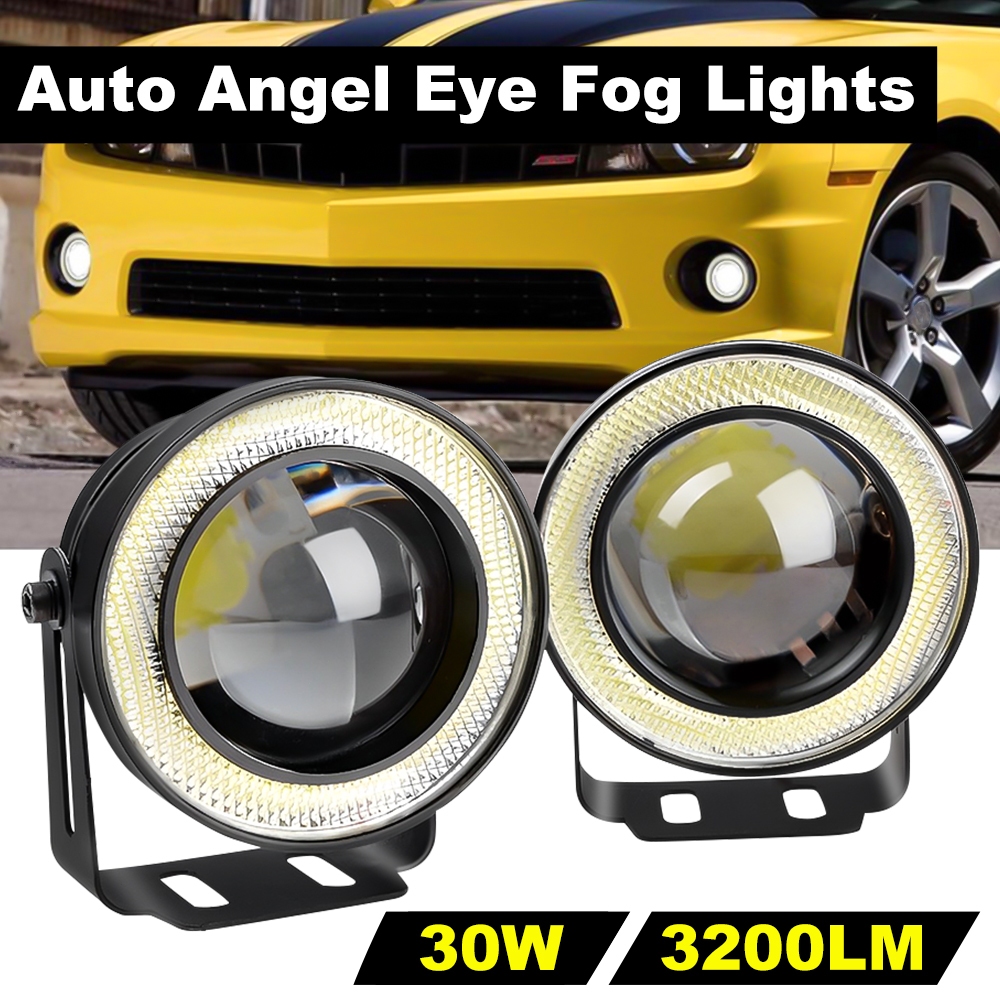 2PCS 3200LM Car COB LED Angel Eyes Fog Light WITH Ring Lens Projector R500 Sport Light Fog Lamp ...