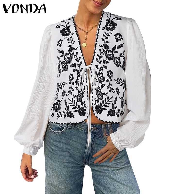 VONDA Women Vintage Fashion V-Neck Floral Print Long Sleeve Shirts ...