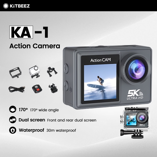 KiTBEEZ KA-1 5K 30FPS WiFi Action Camera 48MP Dual Touch Screen 5X Zoom ...