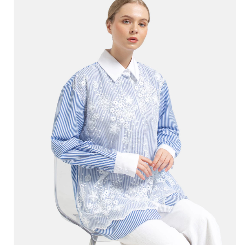 Women's long-sleeved shirt blue striped patchwork top Kemeja /Baju ...