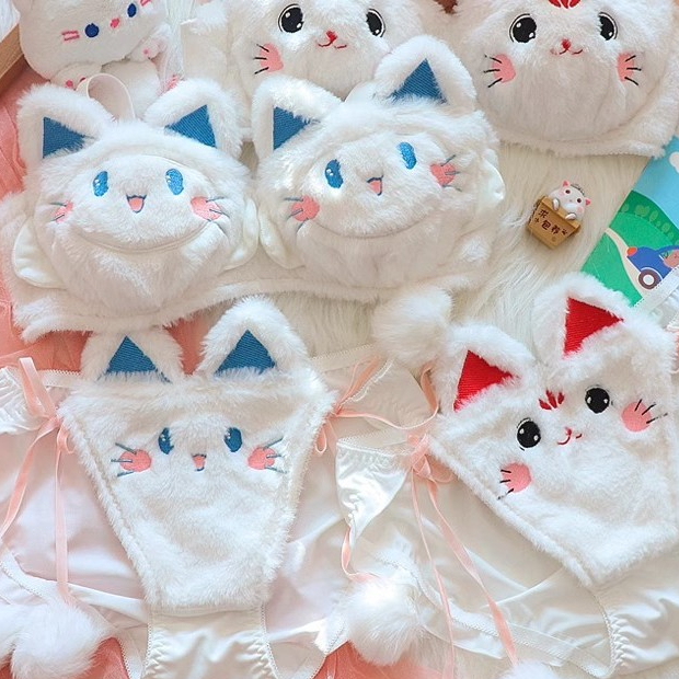 W Winter Cat Ears Cute Plush Girl with Steel Ring Small Bra Bra Sexy ...