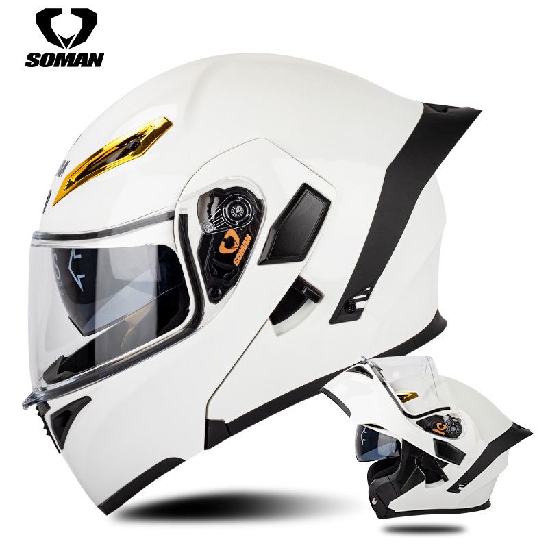 Soman Motorcycle Helmet SOMAN955-S Pearl White Double Lens Large Tail ...