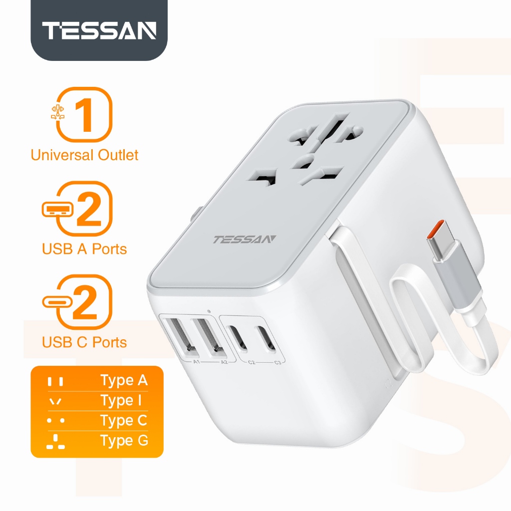 TESSAN Universal Travel Adapter with Type C Ports and USB C Cable 85W ...