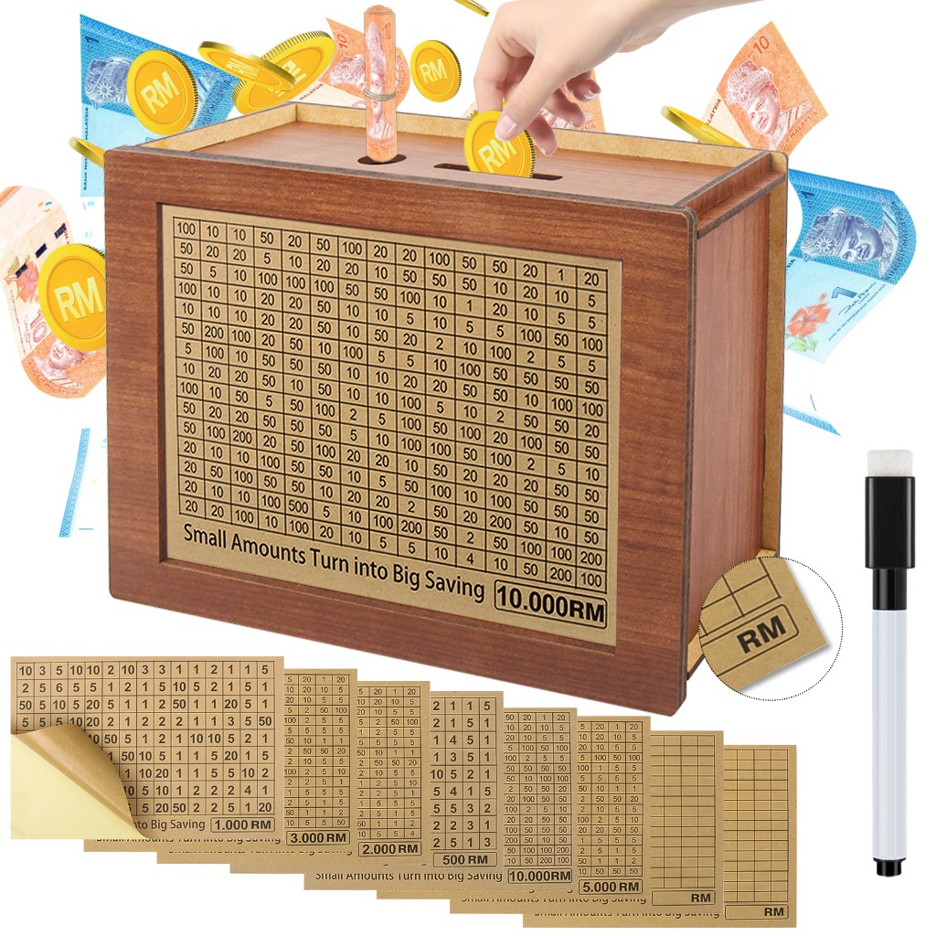 Reusable Wooden Cash Storage Box, Wooden Money Box with Money Targets ...