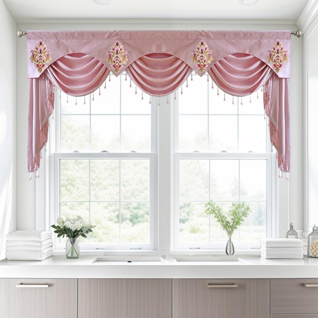 Luxury Pink Flower Embroidery Waterfall Window Valance Scalloped ...