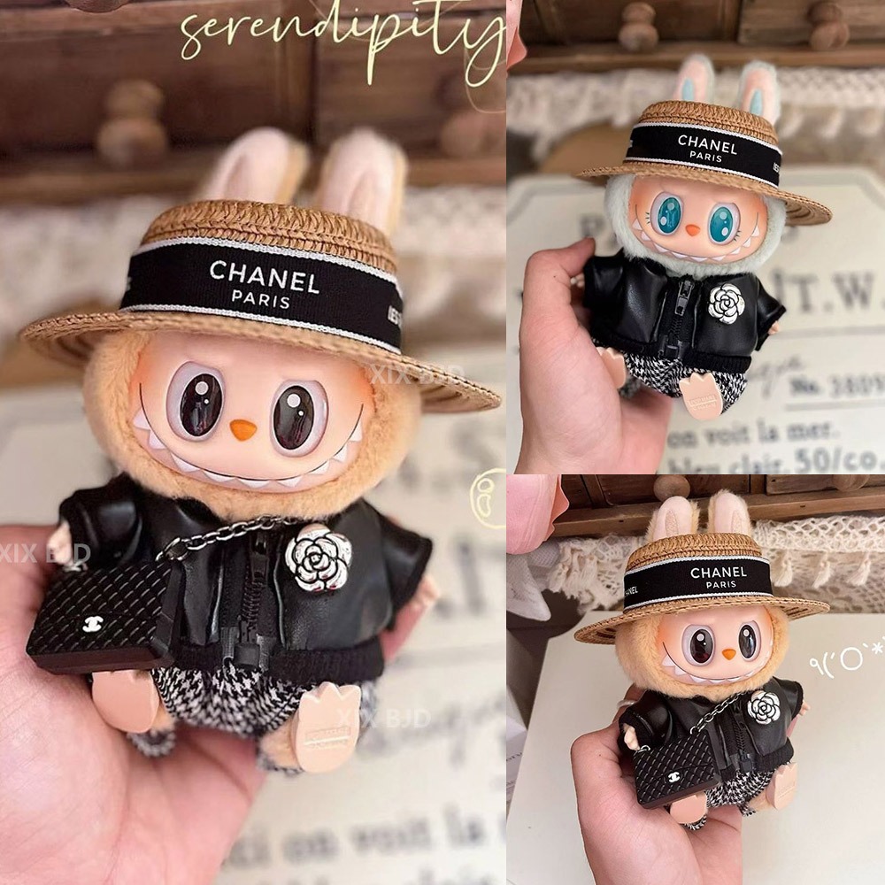 (only Clothes)17cm Labubu Macaron V1& V2 Luxury Leather jacket&hat Set ...