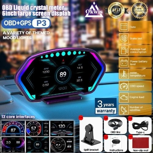 [24H Ship] P3 P60 Pro Car HUD OBD2 Meter GPS+OBD Meter Alarm Water Temp Oil Temp RPM turbo boost ...