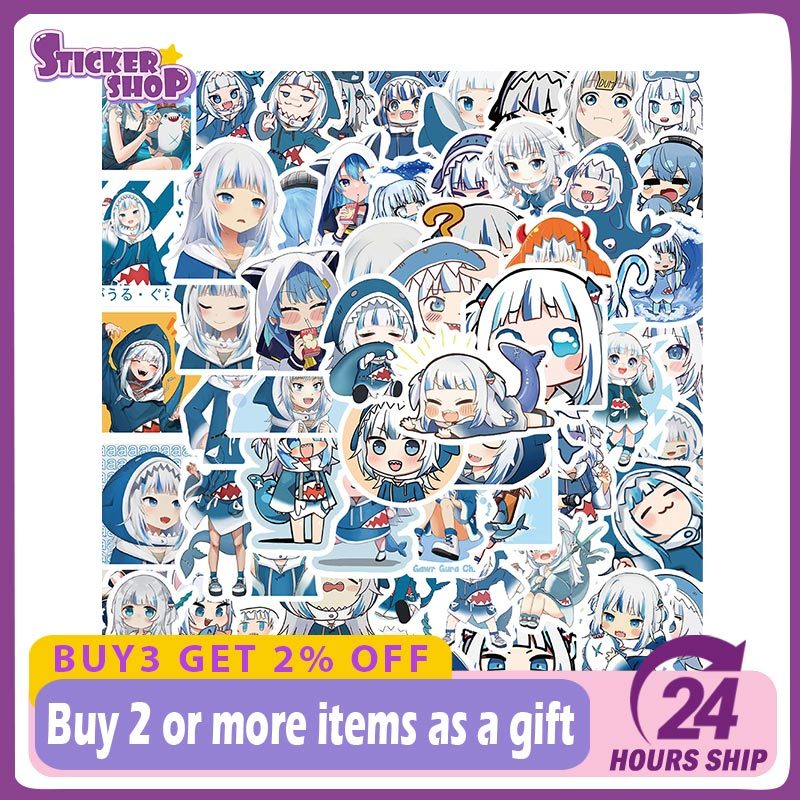60pcs Hololive Vtuber Sticker Cute Chibi Gawr Gura Blue Shark Girl Meme ...