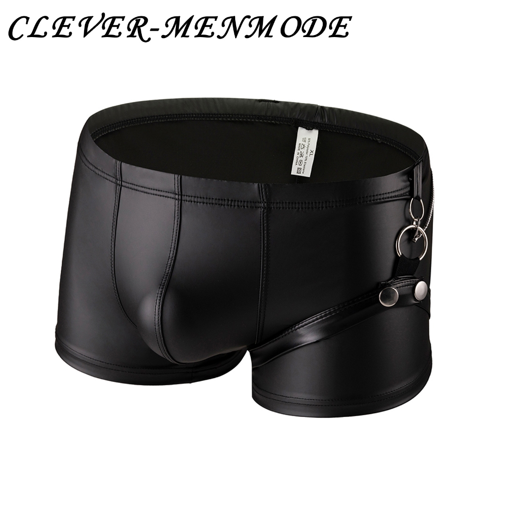 Men Boxers Sexy Faux Leather With Long Chains Neck Choker Trunks Bdsm ...
