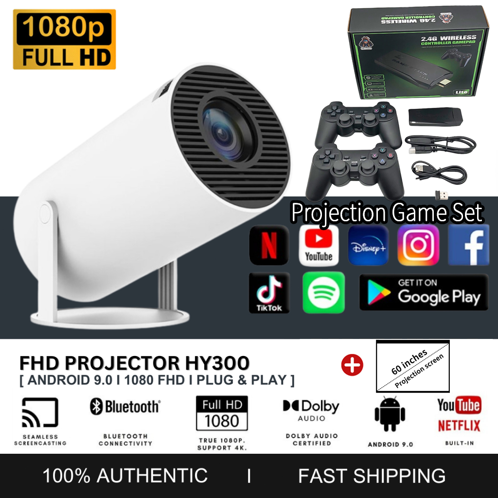 HY300 portable projector+M8 game console set 4K HD Android 11.0 5G Wifi+Bluetooth 4.2 gaming ...