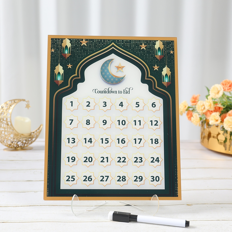 Reusable Green Gold Ramadan Calendar with Acrylic Base and Pen Washable ...