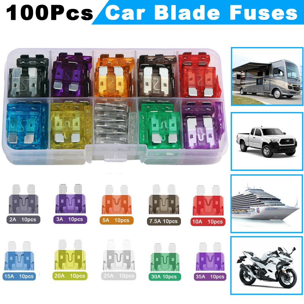 100Pcs Car Standard Medium Fuses Assortment Kit Blade Fuse Set With Box Clip 2A 3A 5A 7.5A 10A ...
