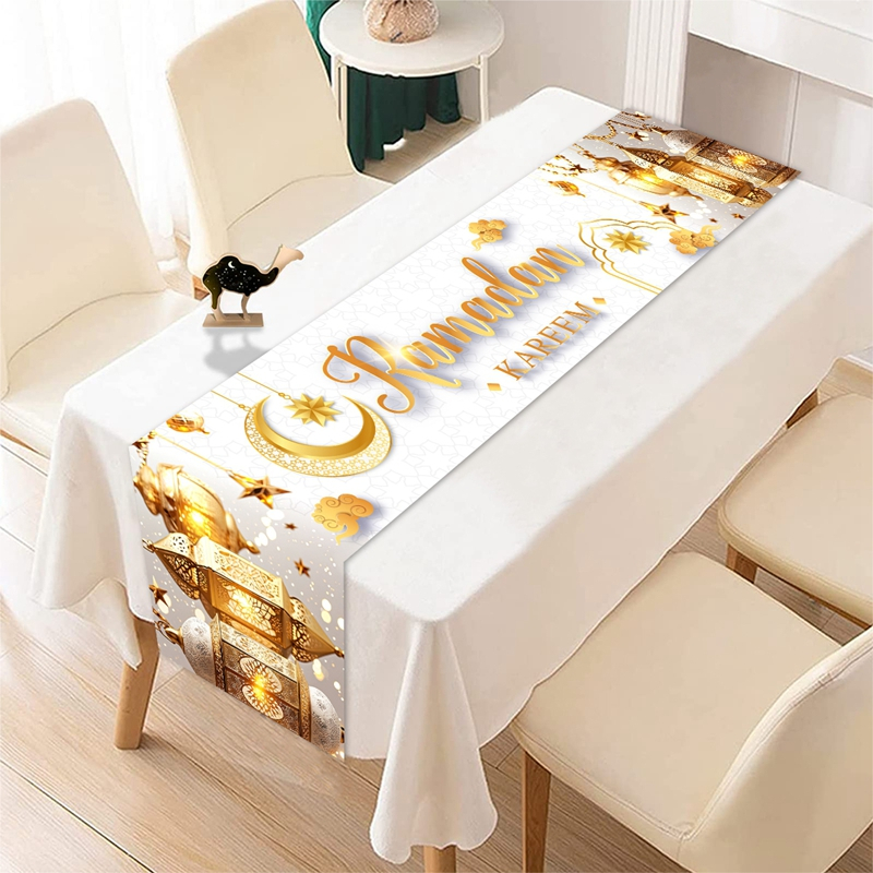 180*35cm White Gold Lantern Table Runner Ramadan Kareem Table Flag ...