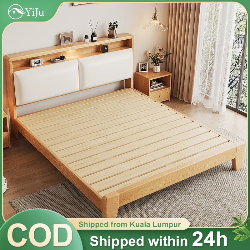 YIJU Kayu Asli Solid Wood Bed Frame With Headboard Soft Package Wooden ...