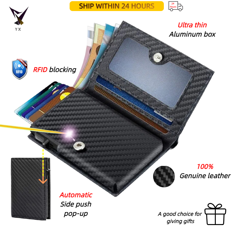 Genuine leather men's wallet, carbon fiber automatic elastic card RFID ...