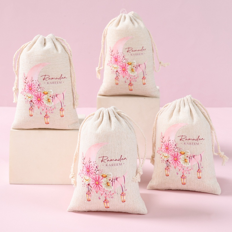 6pcs Eid Watercolor Pink Moon Candy Bag Linen Drawstring Bags For Eid ...