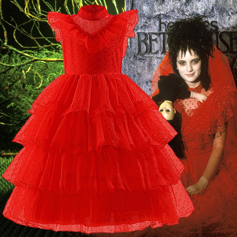 Lydia Deetz Red Horror Ghost Bride Cosplay Dress Girls Tulle Gown+Veil ...