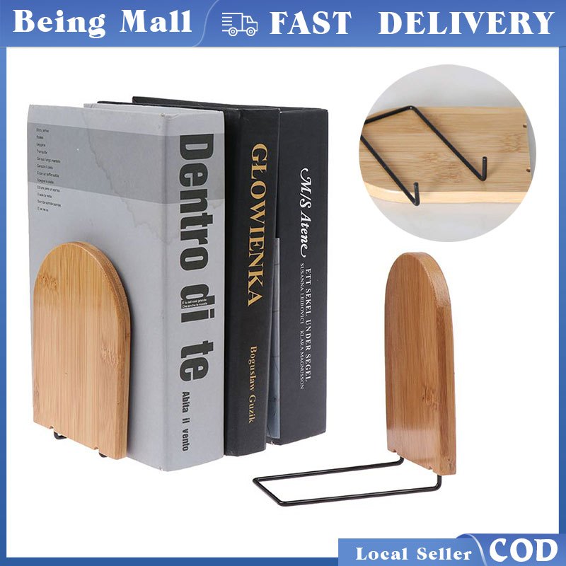 2Pcs Book Holder Bookshelf Bamboo Anti-Skid Bookends Book Ends Shelf ...