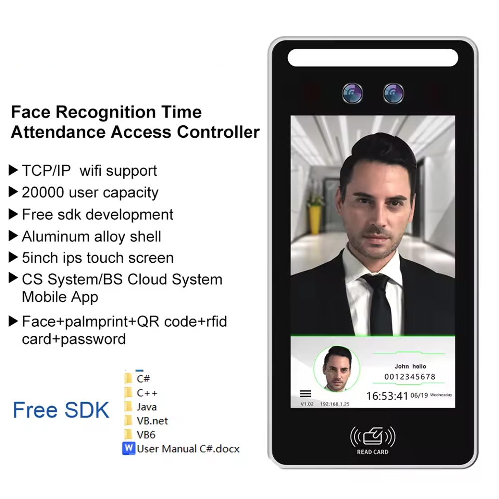 5in TCP/IP WIFI Biometric Time Attendance System Palmprint Scanner Face Recognition Rfid QR Code ...
