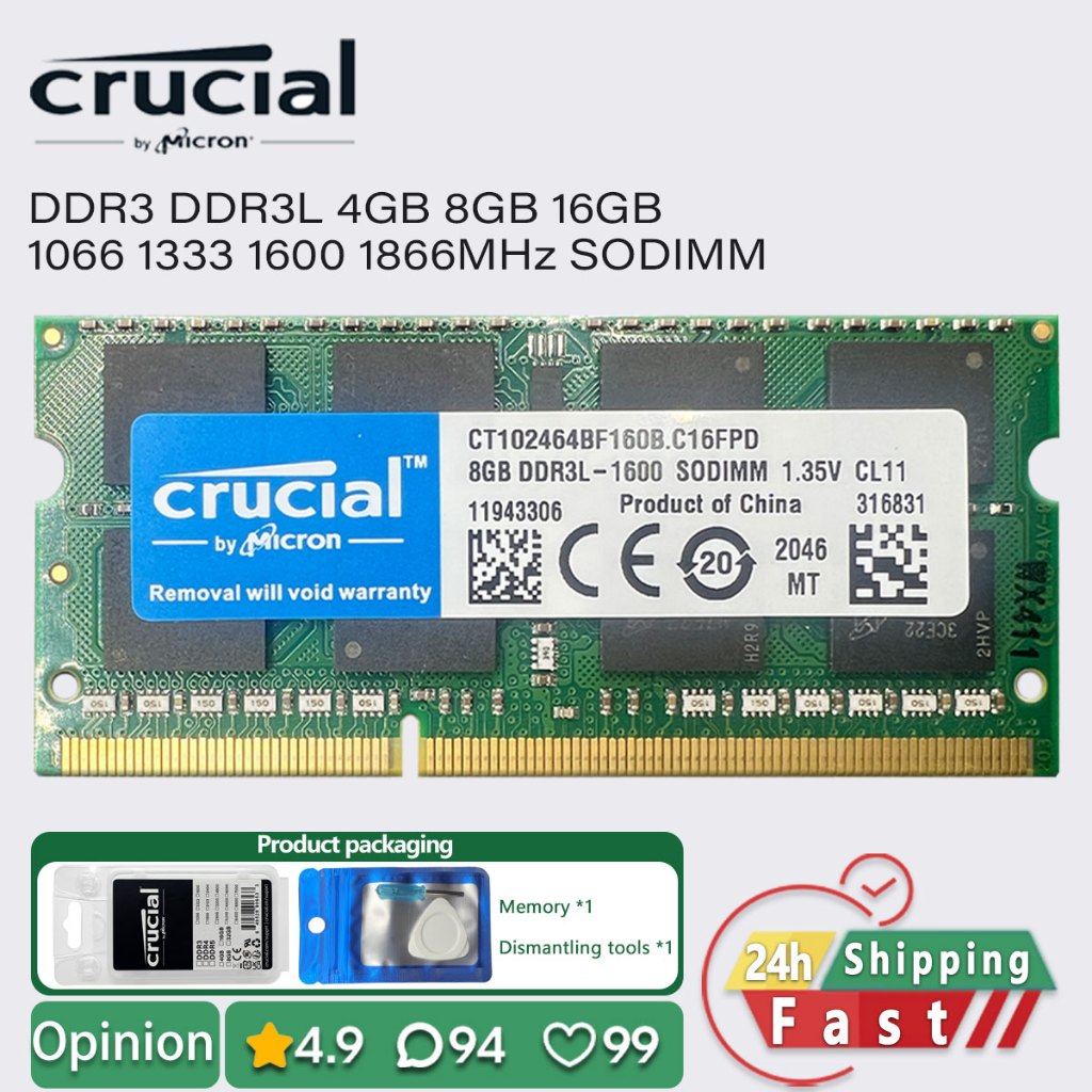 Crucial ddr3 ddr3l 4gb 8gb 1600 1866 1333 1066 MHz laptop memory sodimm ...