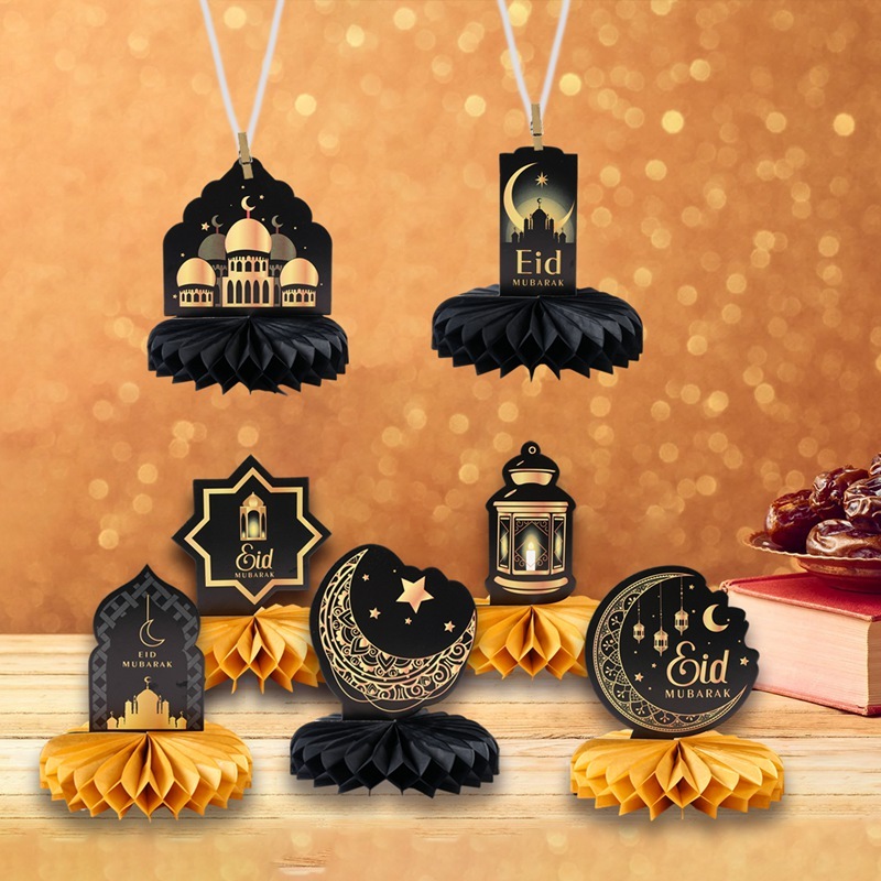 7pcs Eid Mubarak Black Gold Honeycomb Ball Table Decor Centerpieces ...