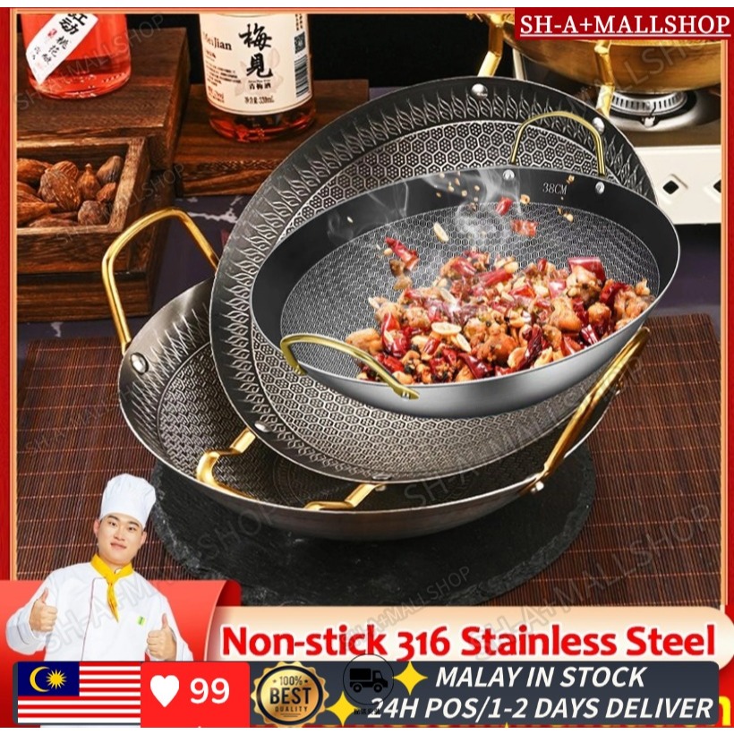 24/26/30/cm Honeycomb Wok Stainless Steel Nonstick Wok Frypot Kuali ...