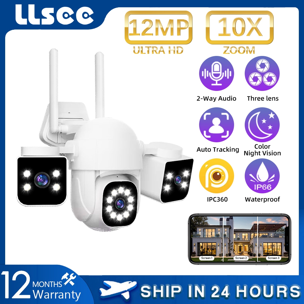 LLSEE three lens 6K monitor 12MP home outdoor camera connected to WIFI ...