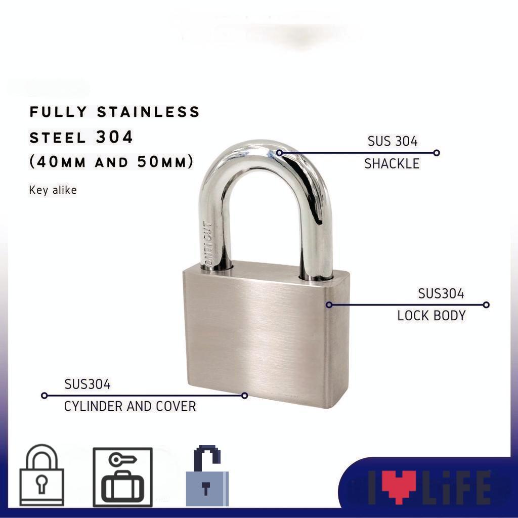 40/50MM SUS 304 STAINLESS STEEL MOTOR HOUSE SECURITY SAFETY ANTI-CUT PADLOCK KUNCI MANGGA ...
