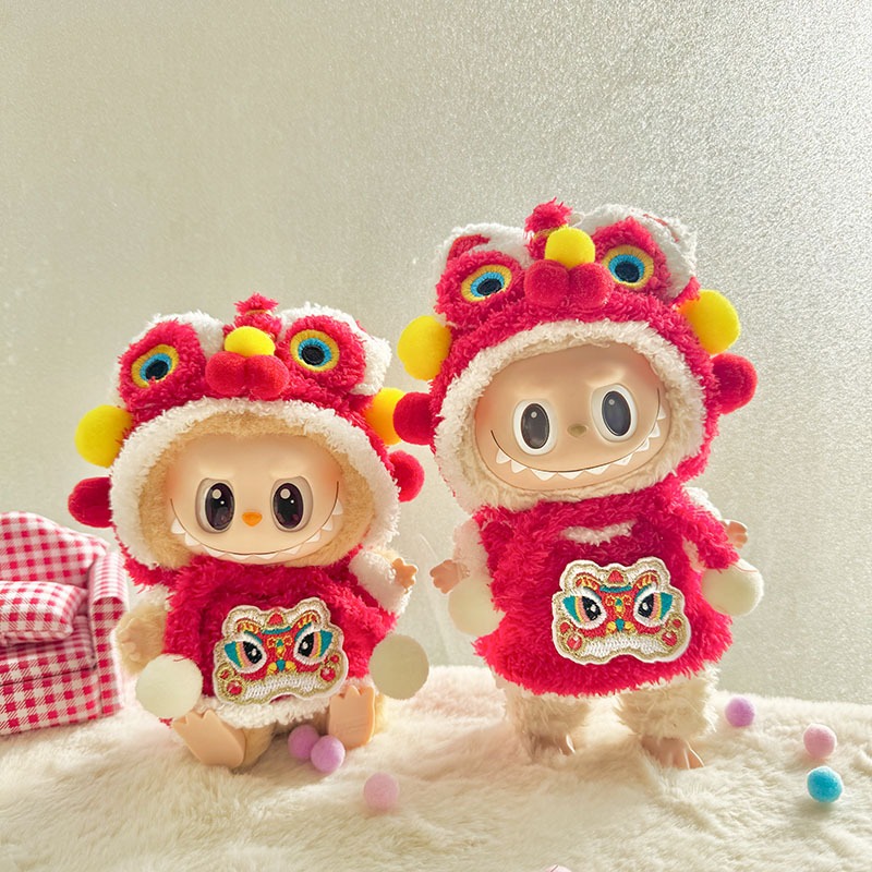 17cm Labubu V1/V2 Doll Happy Factor New Year Lion Dance Outfit with ...