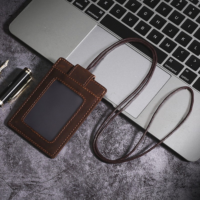 ID Card Crazy Horse Leather Employee Card Holder with Lanyard Hanging ...