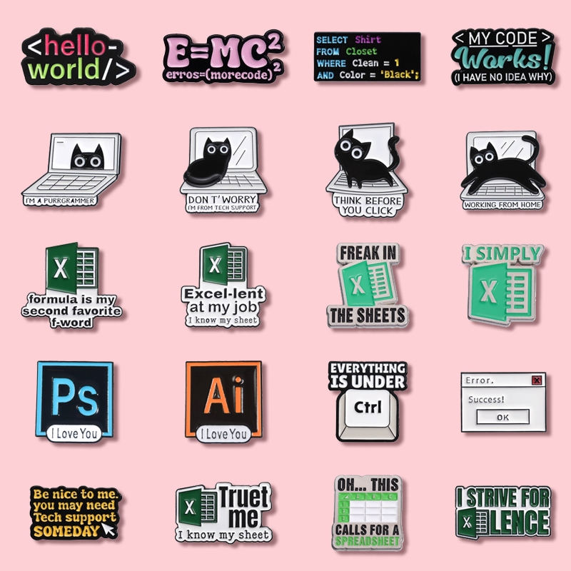 ''Cartoon Office Software and Computer Slogans Series'' Enamel Brooches ...