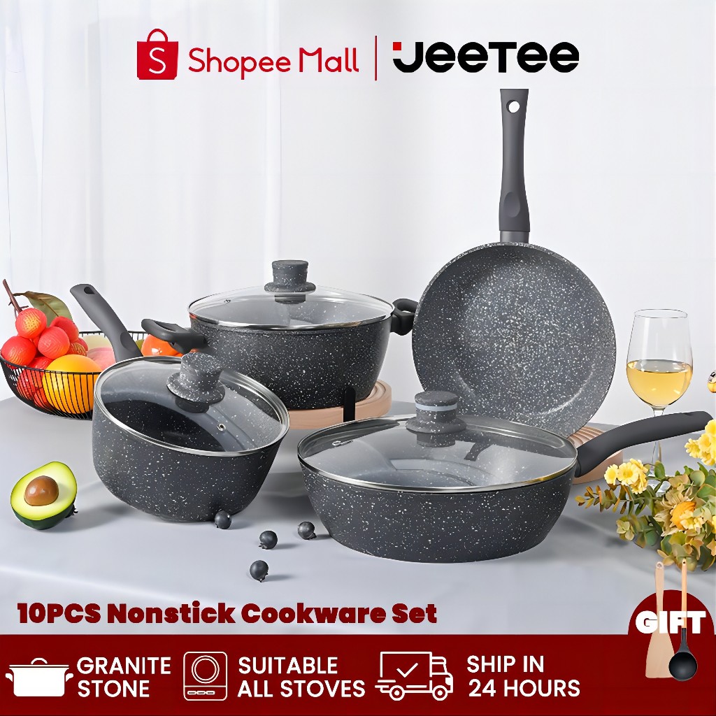 JEETEE 9pcs Granite Cookware Set Non Stick Pan Set Kuali PFAS& PTFE ...
